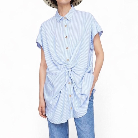 Zara | Tops | Zara Knot Front Striped Collared Shirt Dress Small | Poshmark